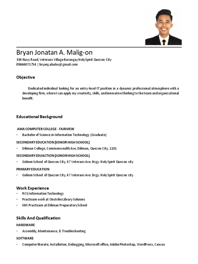Entry-level IT resume Bryan Malig-on | PDF