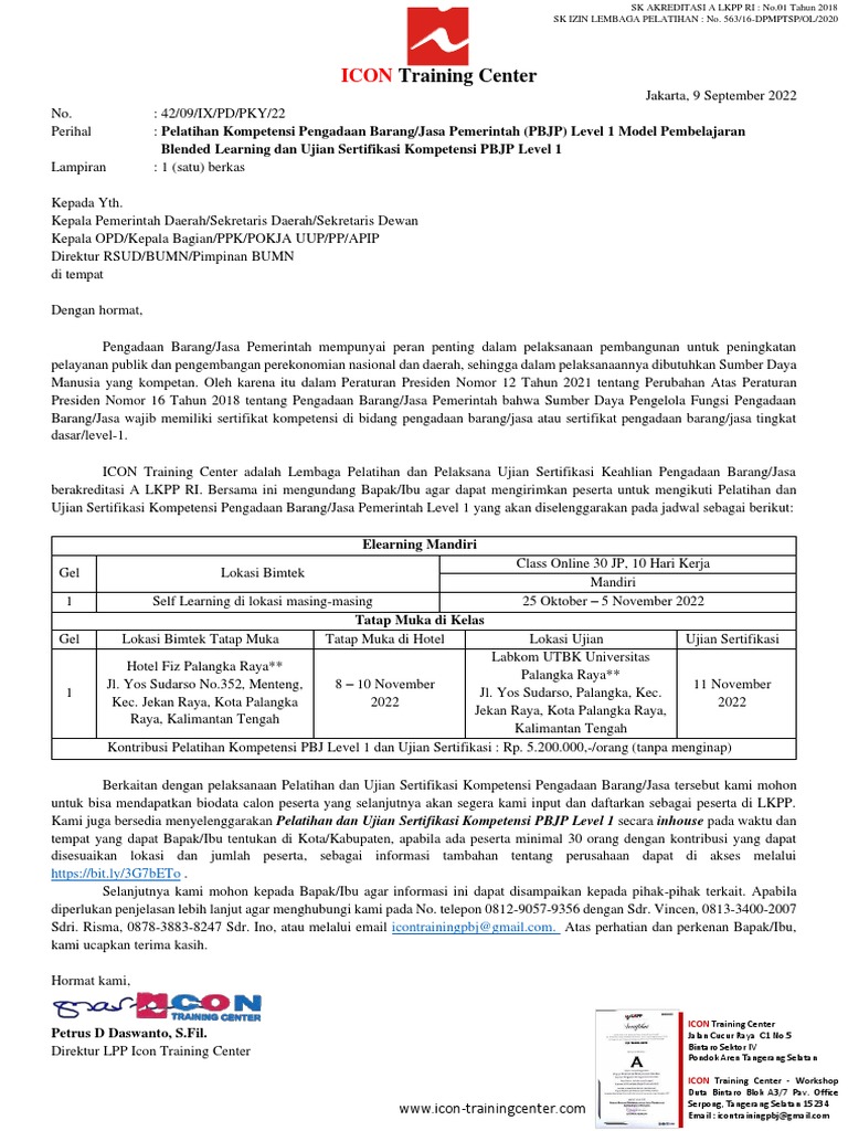 Undangan Pelatihan Dan Ujian Kompetensi PBJP Level 1 - Palangka Raya | PDF