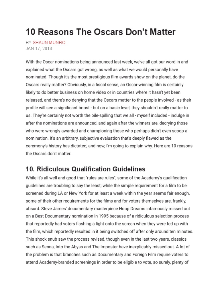 10 Reasons The Oscars Don't Matter | PDF | Academy Awards | Academy Award For Best Picture