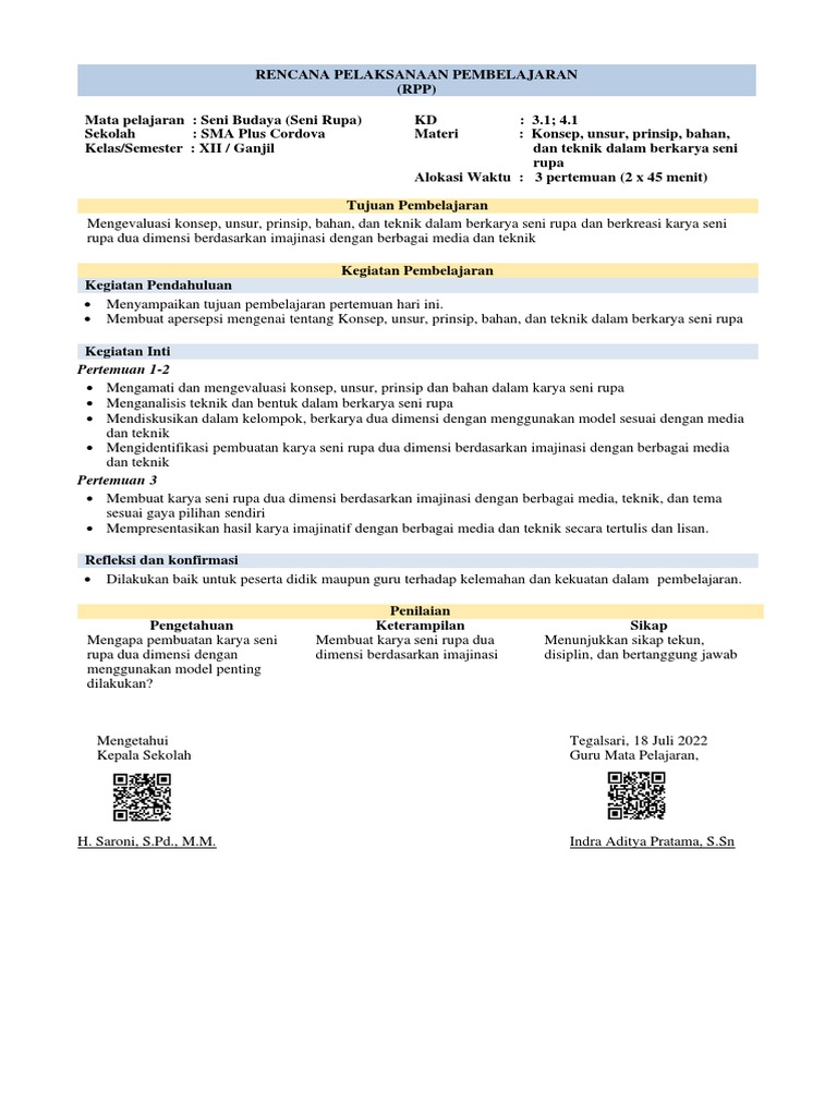 RPP Konsep, Unsur, Prinsip, Bahan, Dan Teknik Dalam Berkarya Seni Rupa ...