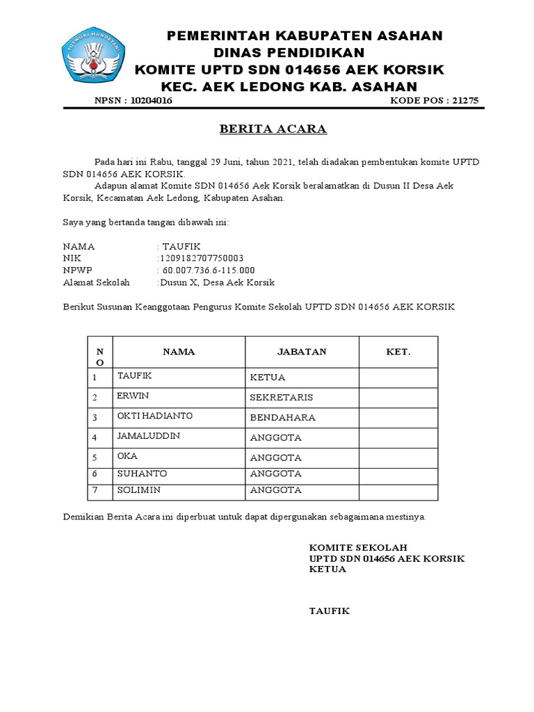 Berita Acara Komite Sekolah | PDF