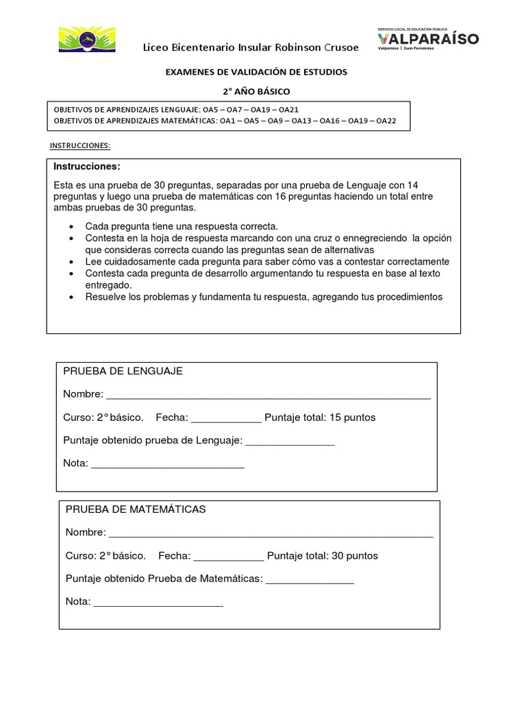Exámenes de Validación 2° Básico | PDF
