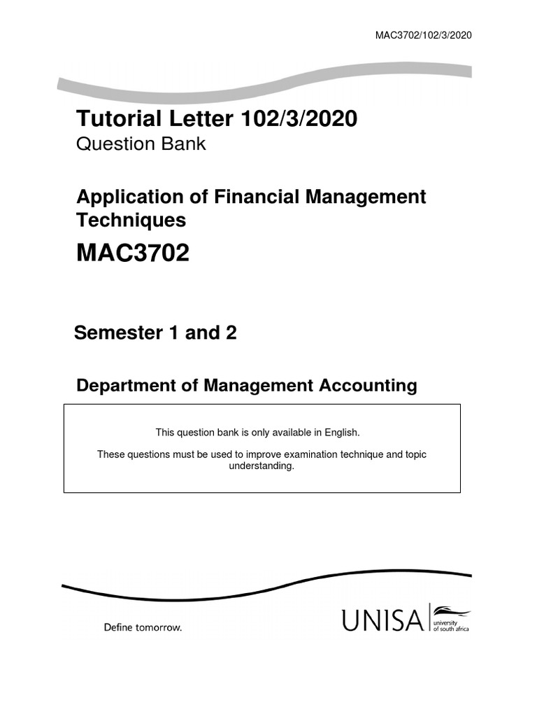 Tutorial Letter 102/3/2020: Question Bank | PDF | Valuation (Finance) | Business Valuation