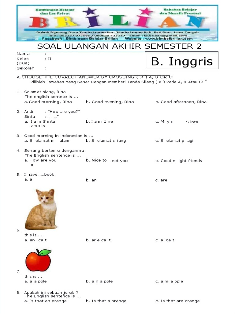 PDF Soal Uas Bahasa Inggris Kelas 2 SD Semester 1 Ganjil Dan Kunci Jawaban DL | PDF | Languages ...