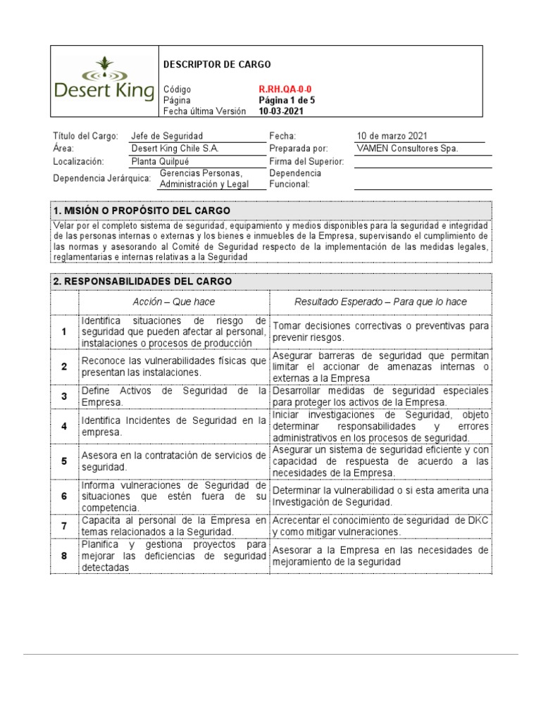 Descriptor de Cargo Jefe Seguridad | PDF | Business | Presupuesto