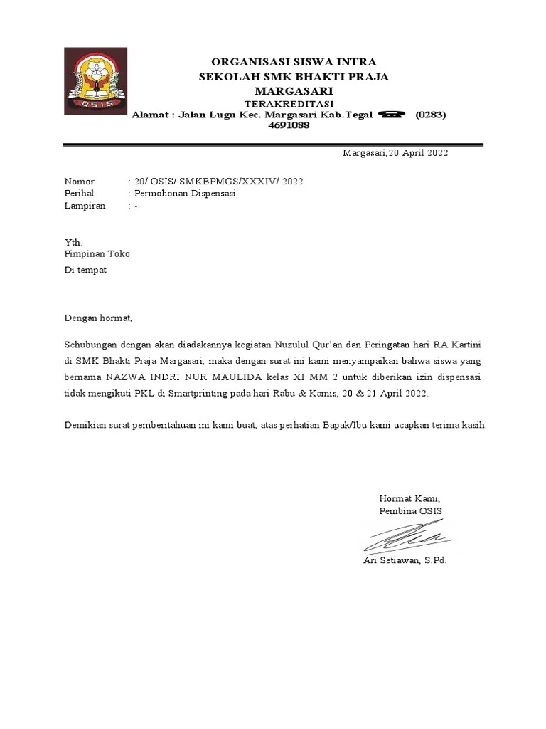 Surat Dispensasi OSIS-dikonversi | PDF