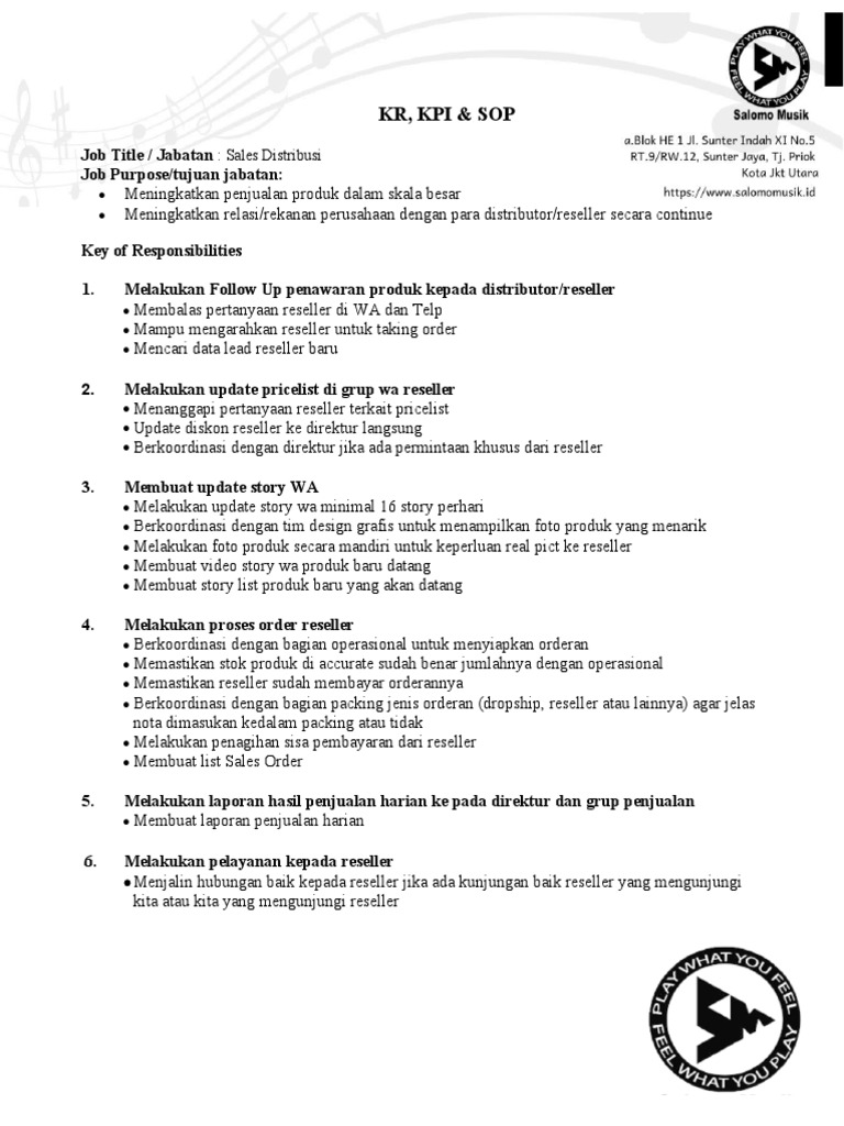 Sales Distribusi KR, KPI & SOP | PDF