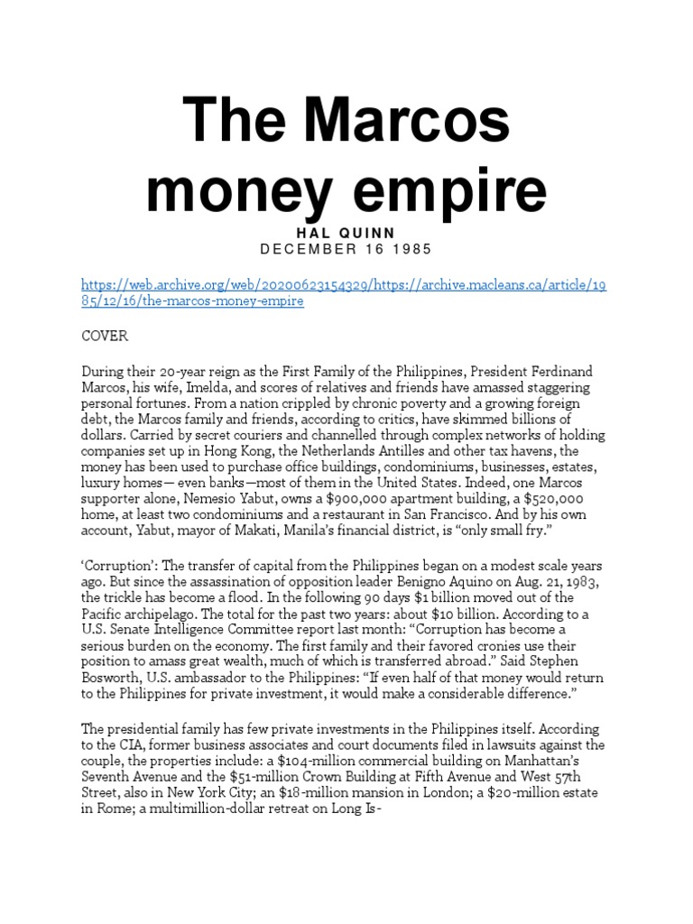 The Marcos Money Empire - 1985 | PDF | Economies