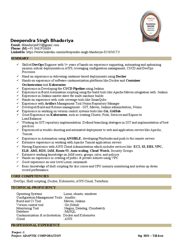 DevOps Engineer Resume Highlighting Experience With AWS, Docker ...