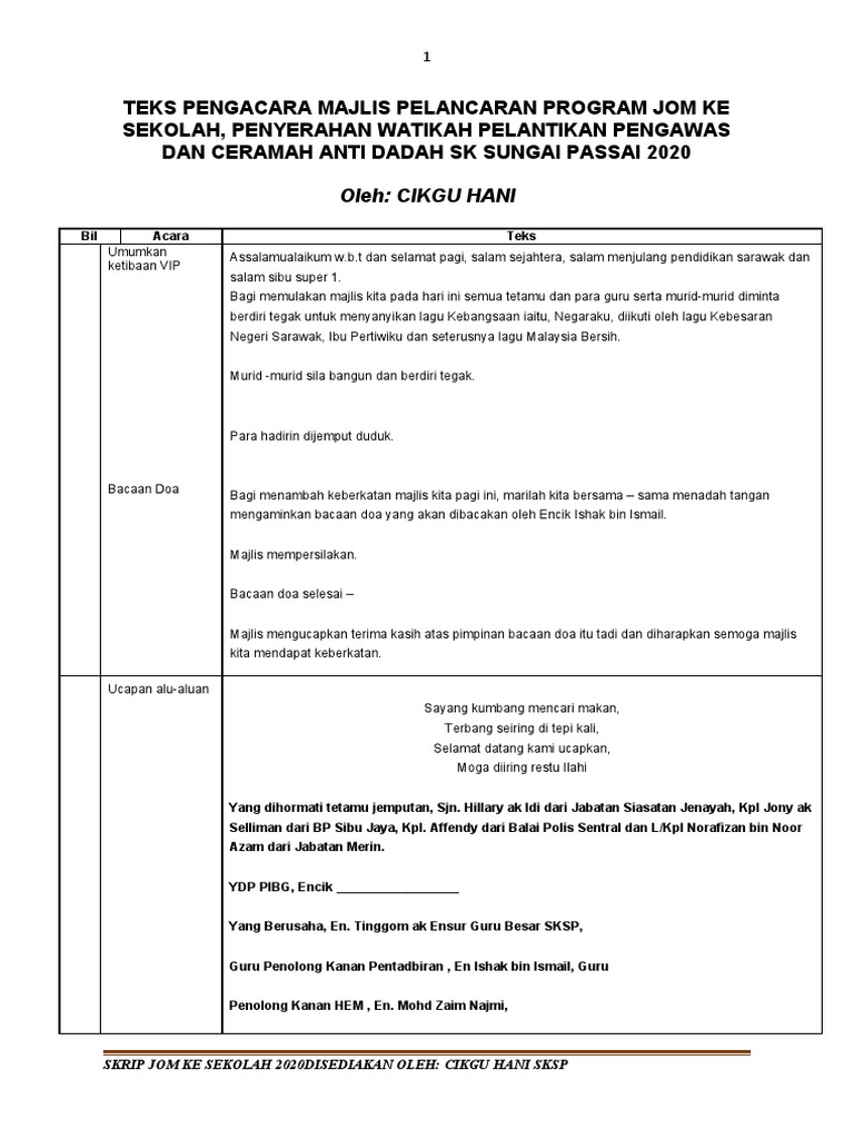 Teks Pengacara Majlis Pelancaran Program Jom Ke Sekolah 2020 | PDF