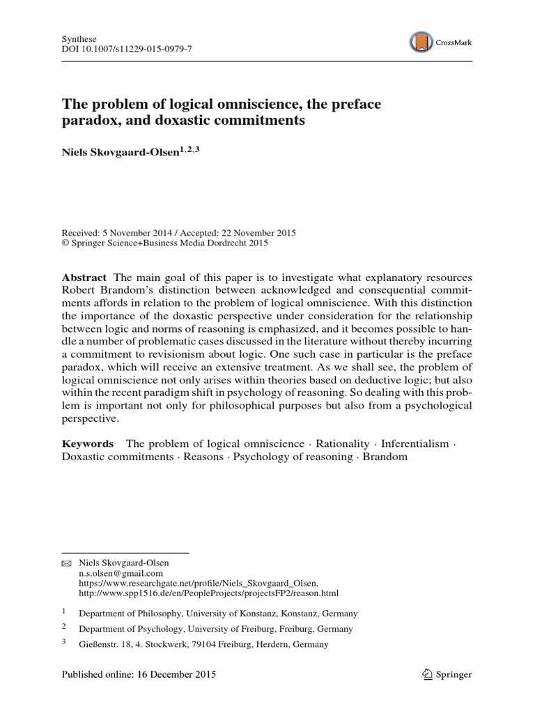 The Problem Of Logical Omniscience The Preface Paradox And Doxastic 
