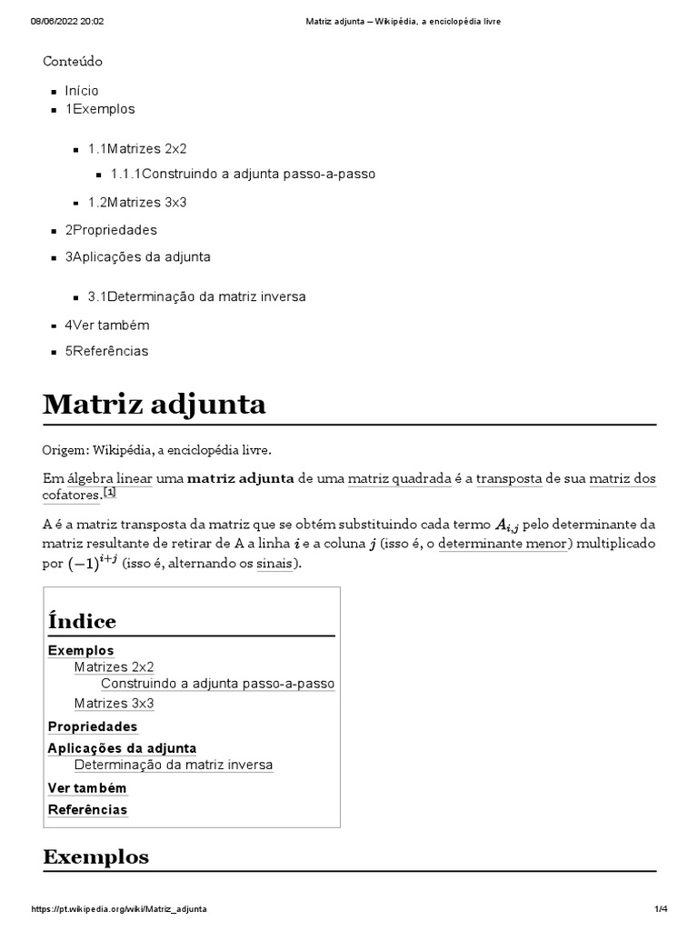 Matriz Adjunta - Wikipédia, A Enciclopédia Livre | PDF | Matriz (Matemática) | Determinante