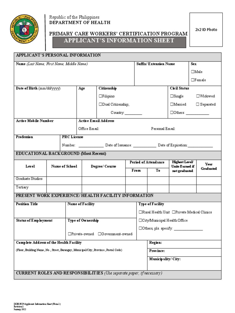Applicant's Information Sheet - PCW Certification | PDF