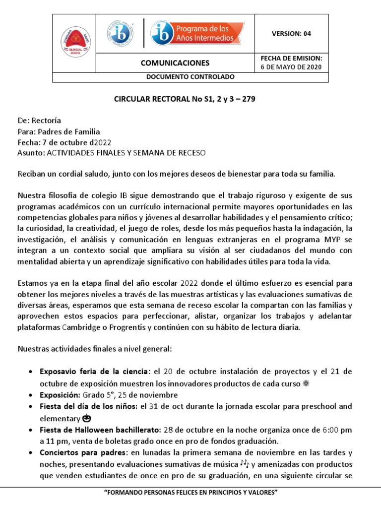 Circular Rectoral No. s1, 2 y 3 - 279 Actividades Finales y Semana de Receso | PDF | Aprendizaje ...