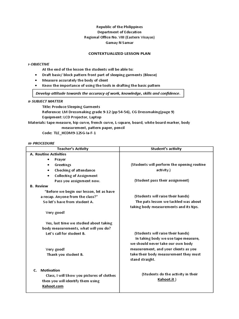 Detailed Lesson Plan Dressmaking | PDF