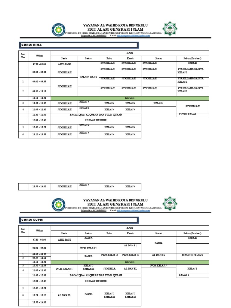 Jadwal Pelajaran Ngajar Guru Pdf