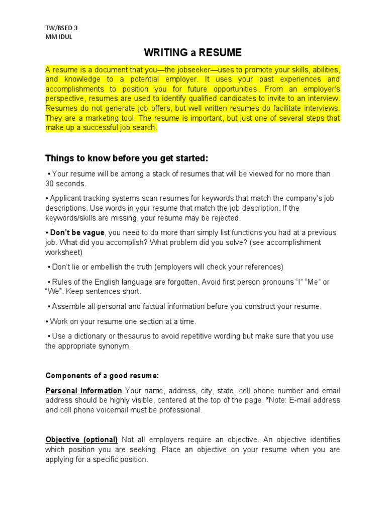 WRITING A RESUME | PDF | Résumé