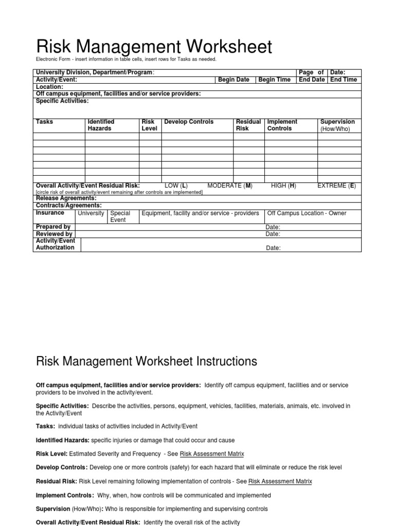 Risk Management Worksheet Special Events | PDF | Risk | Risk Management