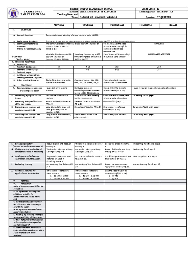 DLL - Math 4 - Q1 - W1 | PDF | Learning | Teachers