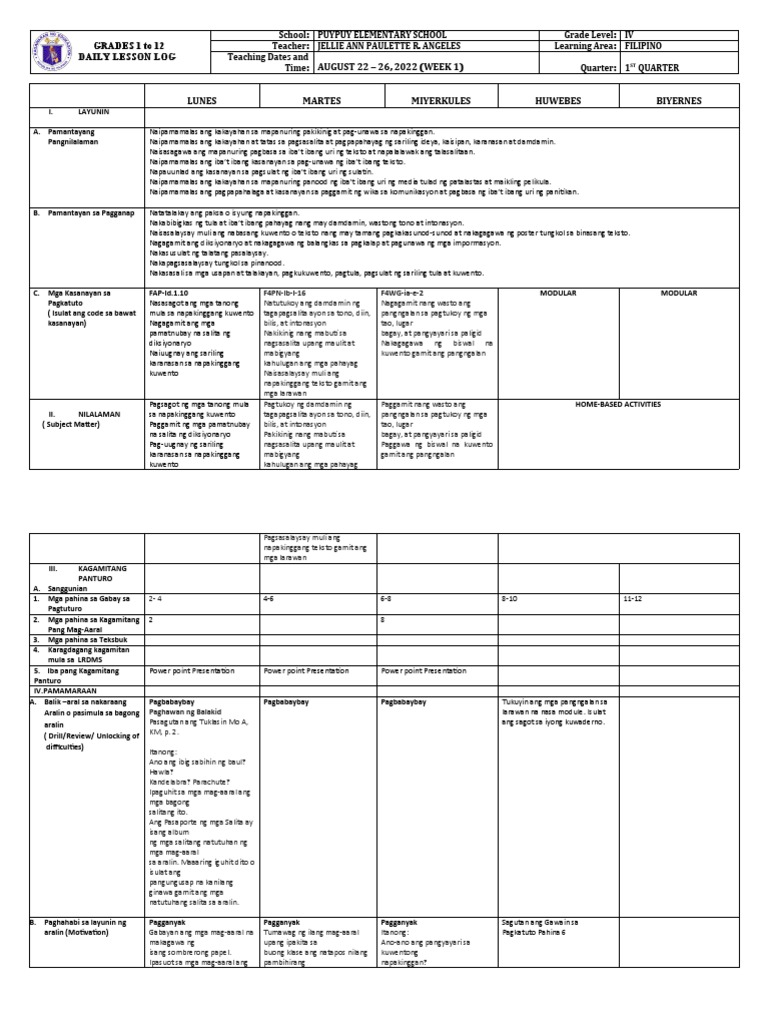 DLL - Filipino 4 - Q1 - W1 | PDF