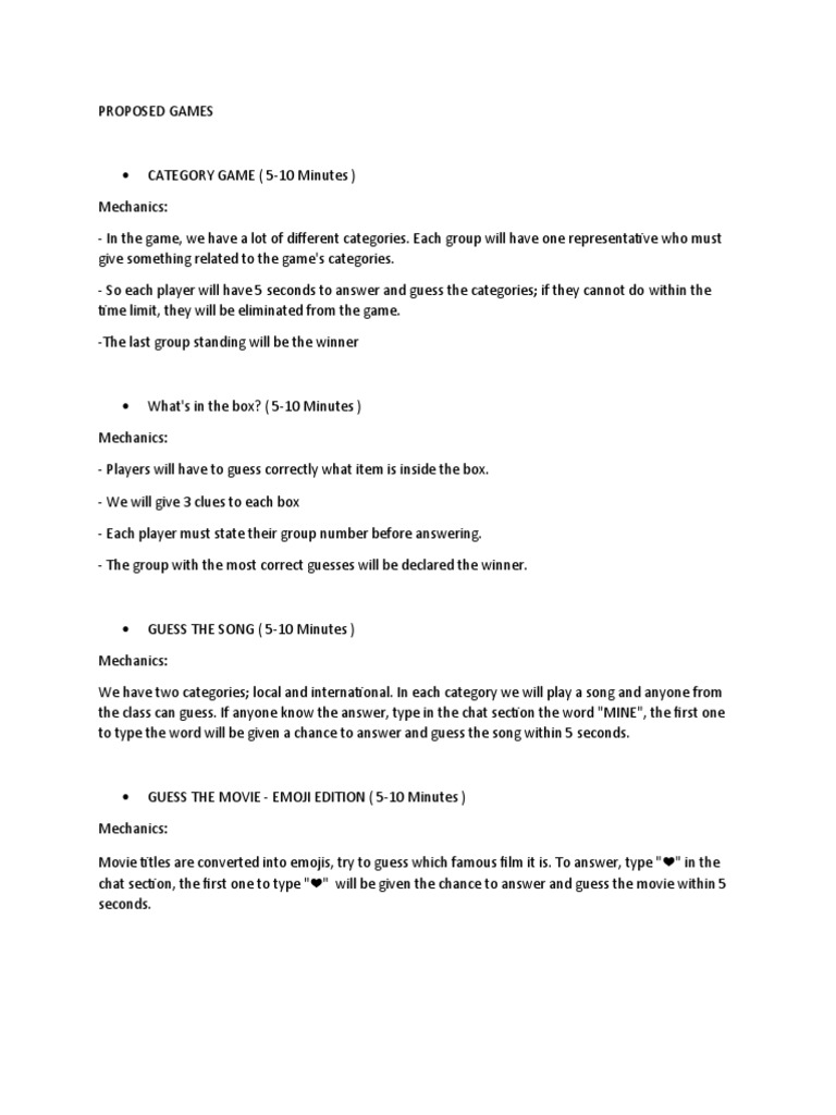 Proposed Games Activities Pdf Sports Recreation Games Activities