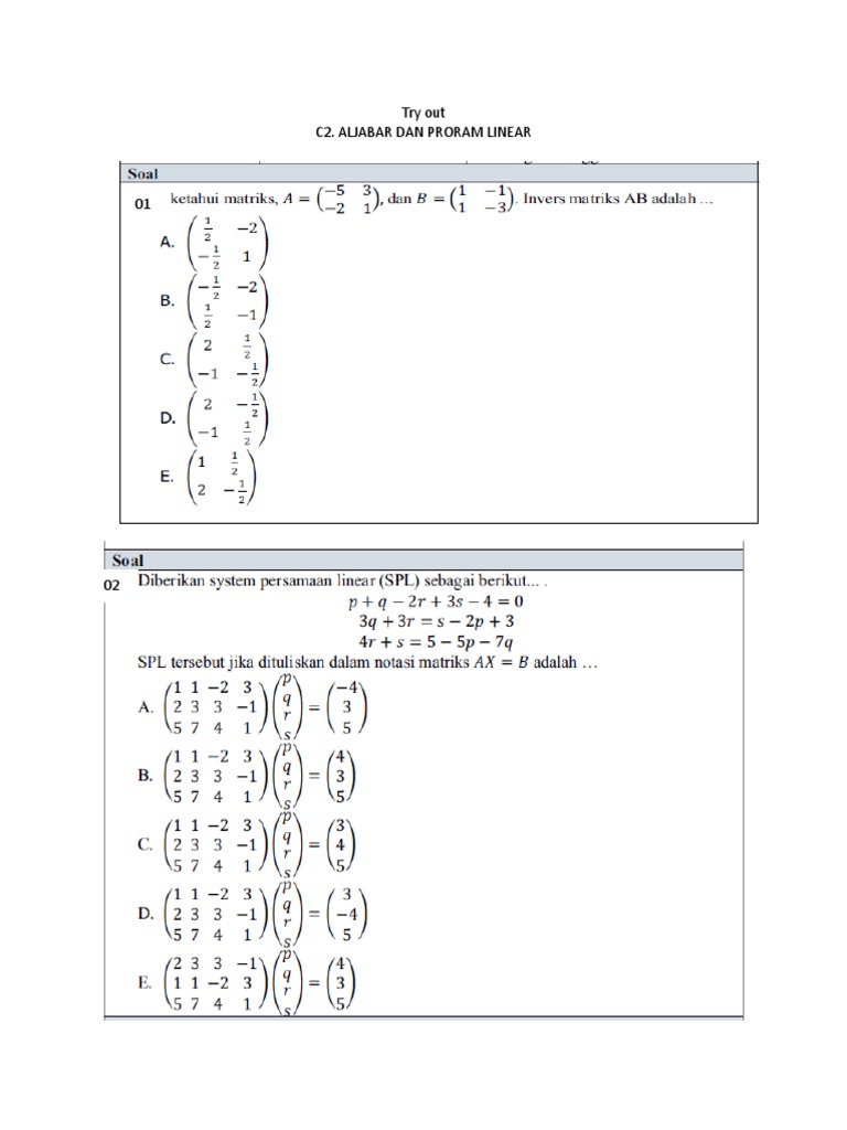 TRY OUT C2. Aljabar Program Linier | PDF
