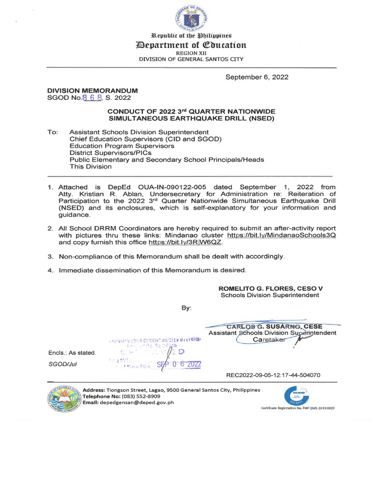 Division Memo 868, S. 2022 - Conduct of 2022 3RD Quarter Nationwide Simultaneous Earthquake ...