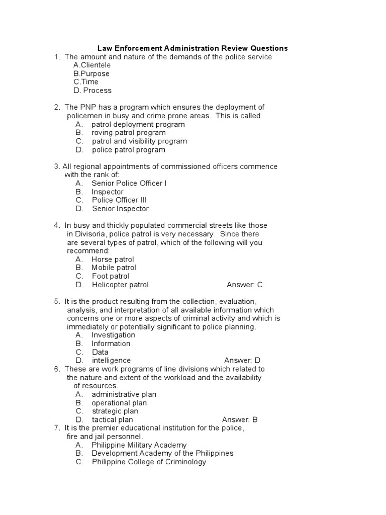 Law Enforcement Administration Review Questions | PDF | Police | Inspector