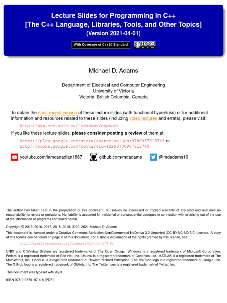 Lecture Slides For Programming in Cpp-2021!04!01 | PDF | C++ | License