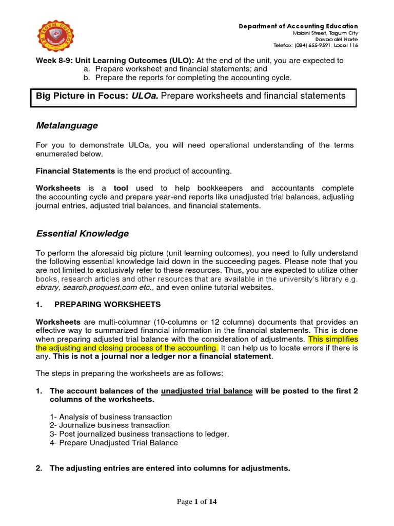 ACC111 Week-8-9 ULOa 2 | PDF | Debits And Credits | Balance Sheet