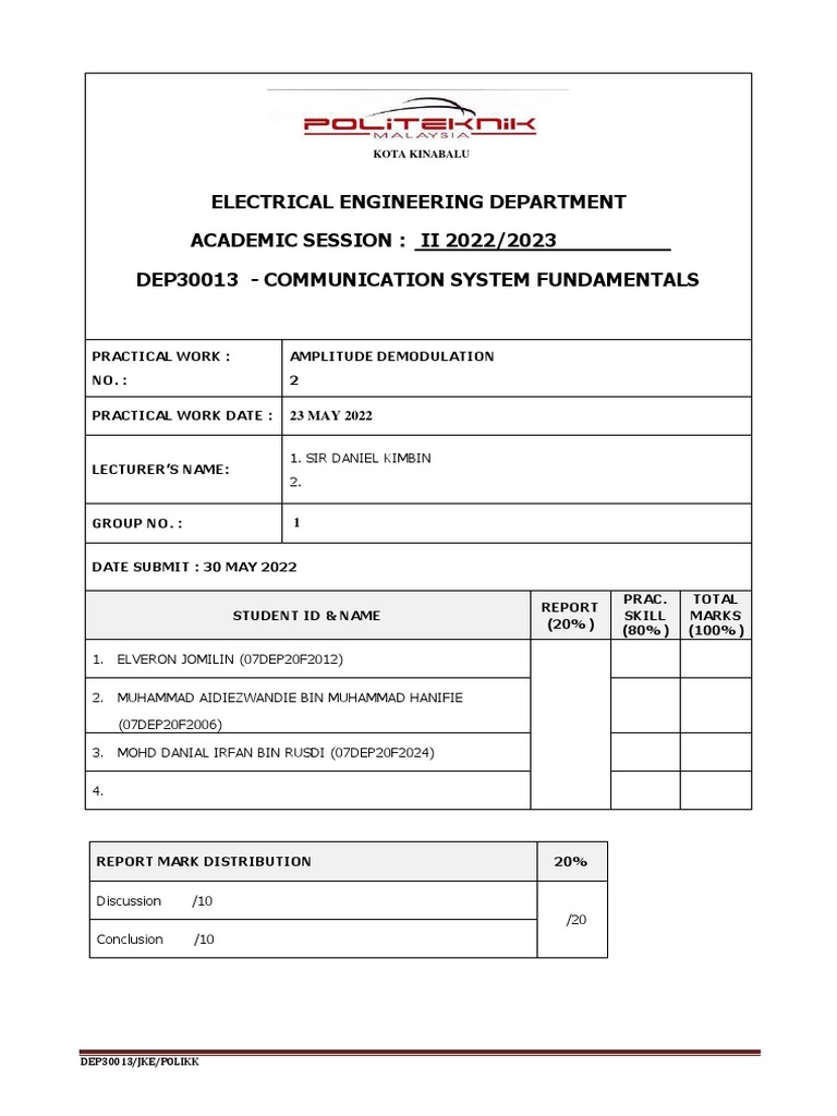 Kota Kinabalu Electrical Engineering Dept Amplitude Demodulation Practical | PDF