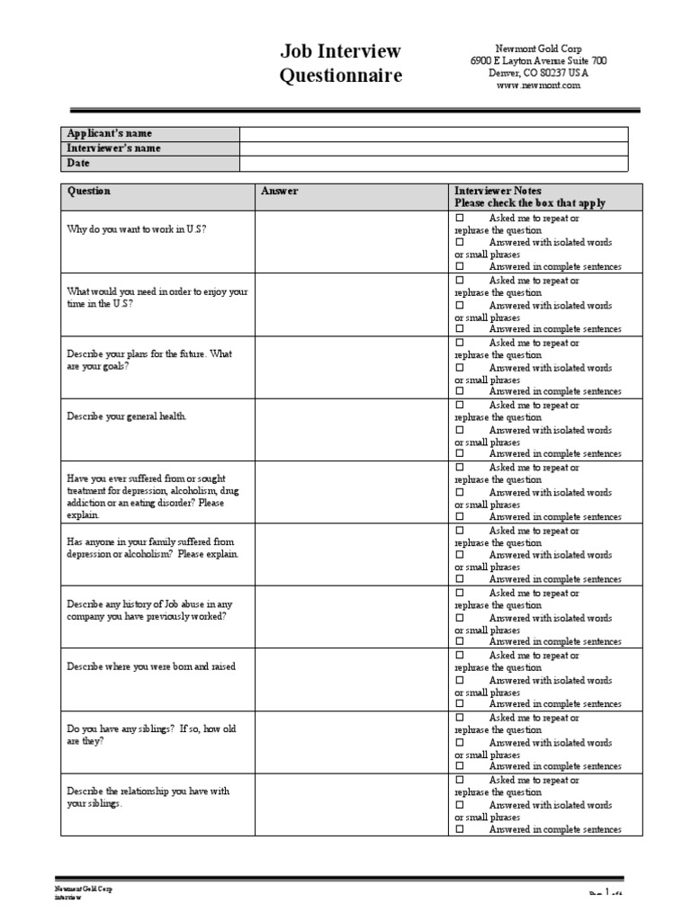 Newmont Interview Questionnaire Template | PDF | Question | English ...