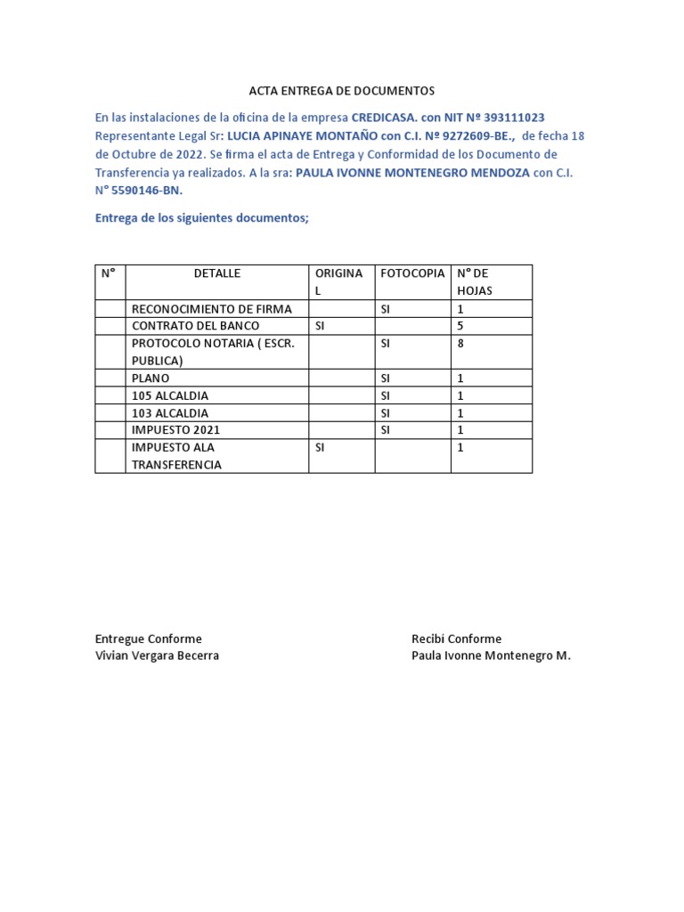 Acta de Entrega de Documentos | PDF