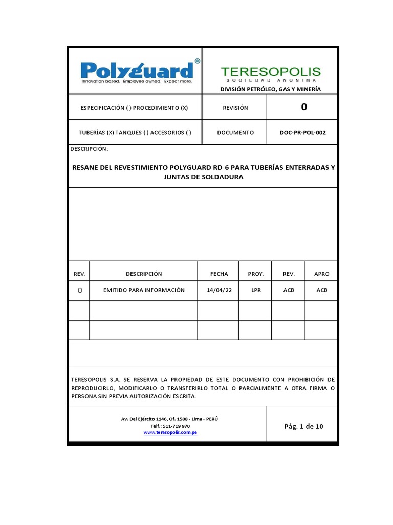 Resane Polyguard RD-6 para Tuberías | PDF | Revestimiento | Soldadura