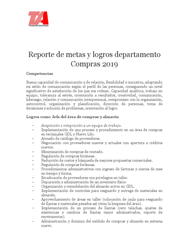 Reporte de Metas y Logros Departamento Compras 2019 | PDF | Business | Logística