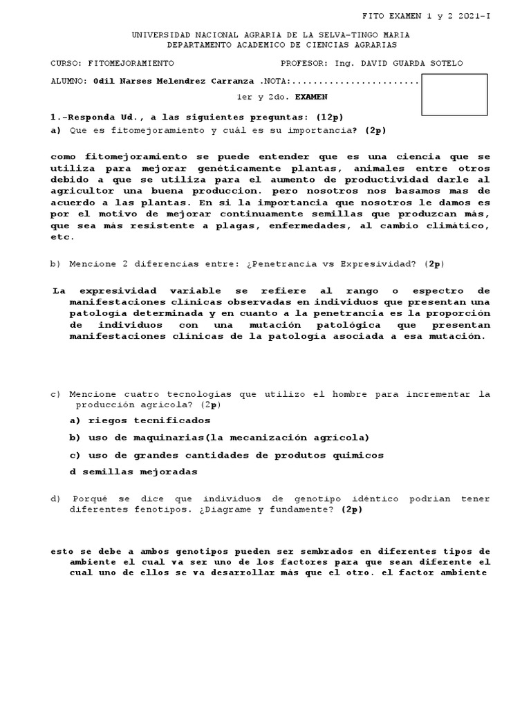 1 y 2 EXAMEN FITO-2021-I Odil | PDF | Mutación | Agricultura