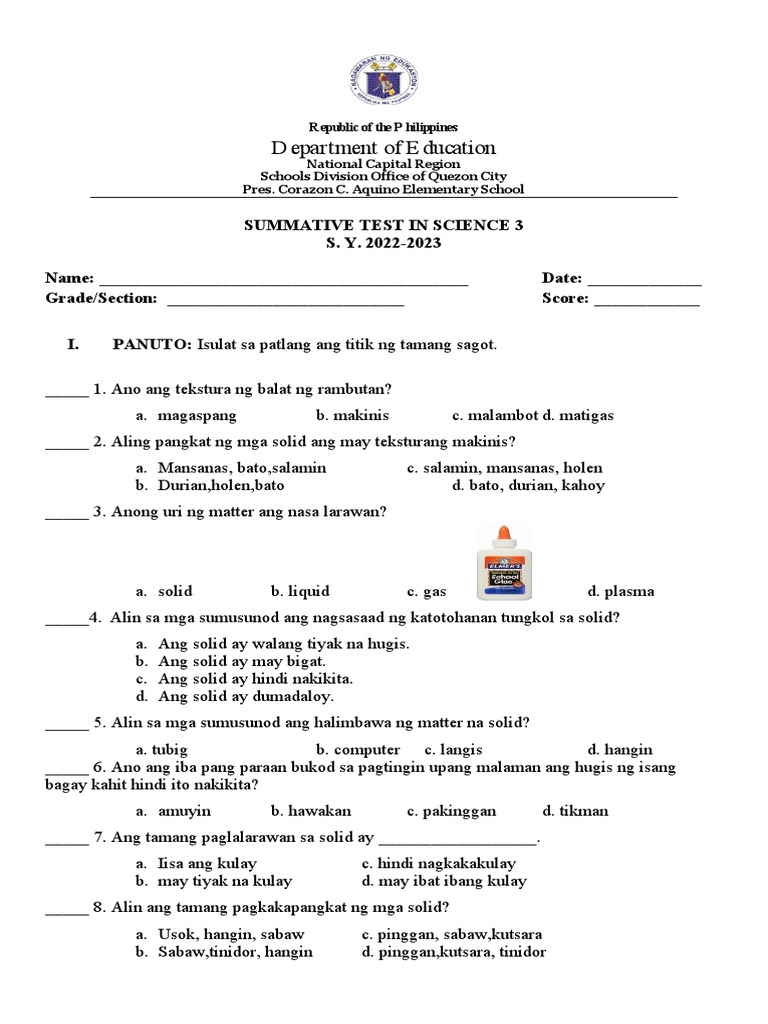 Summative Test 1 q1 in Science 3 | PDF