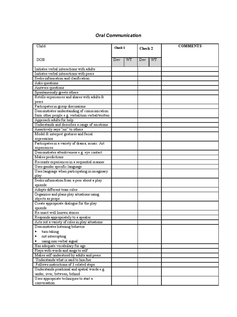 Child Oral Communication Skills Checklist | PDF | Speech | Language ...
