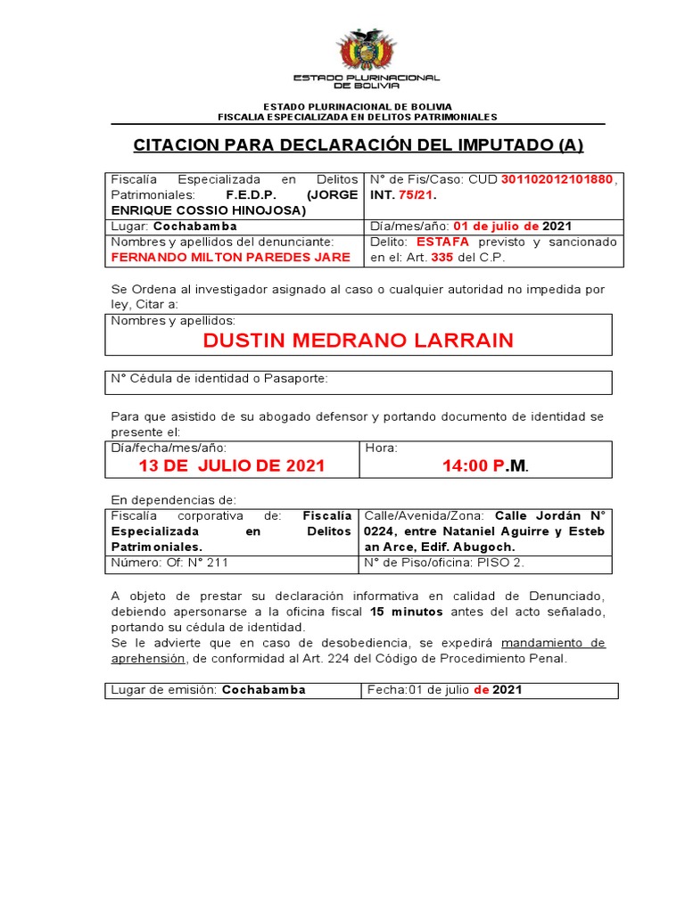 Citacion Para Declaración Del Imputado Docx Liii Docxne Docx11