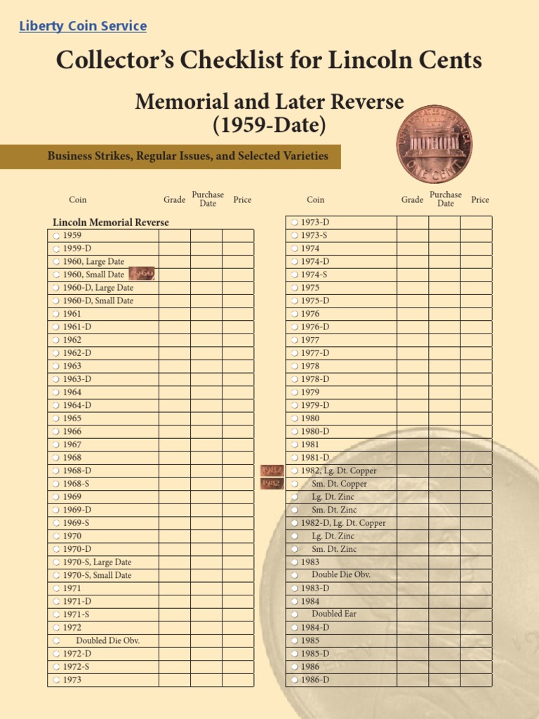 Collectors Checklist Lincoln Memorial Cents | PDF | Penny (United ...
