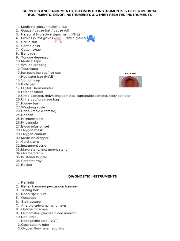 Medical Equipment & Instruments List | PDF