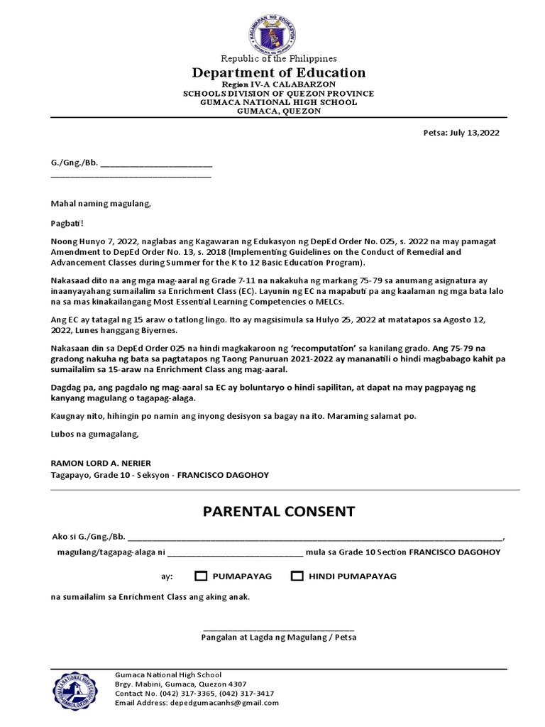 Parental Consent Form Enhancement Class | PDF
