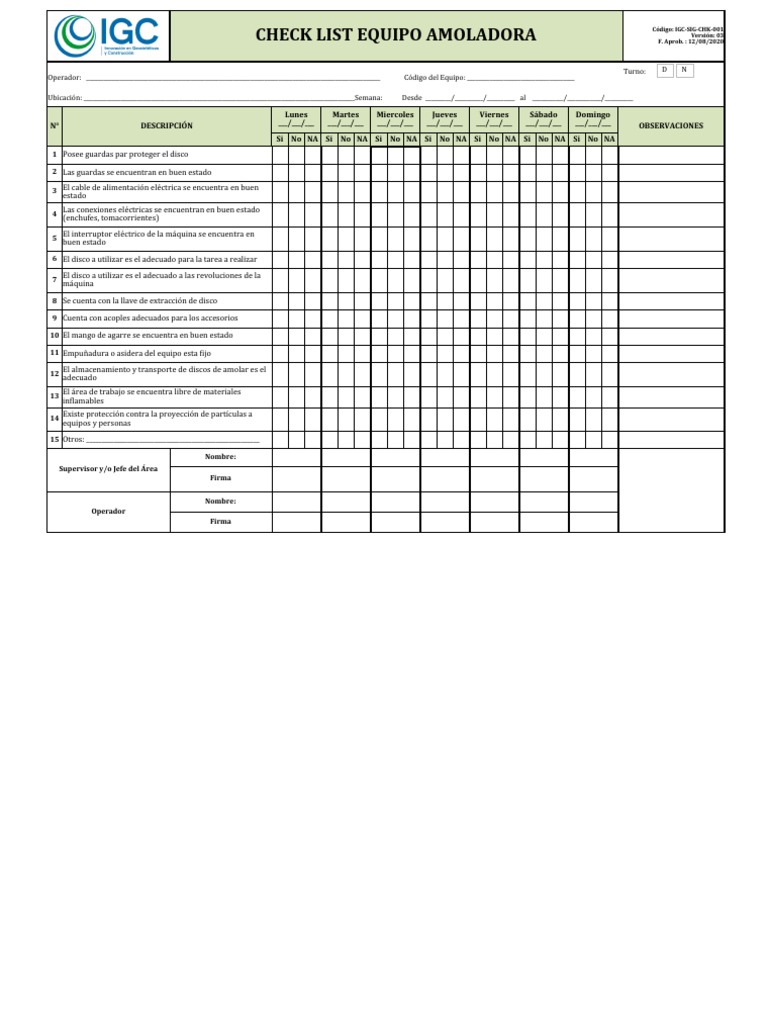 Igc-sig-chk-001 - Check List Equipo Amoladora_rv03 | PDF