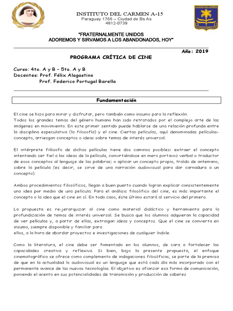 Programa Taller Cine 4° y 5° | PDF | Verdad | Autoestima