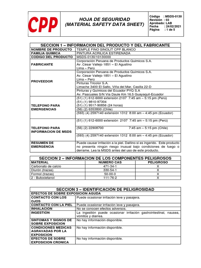 Msds Temple Fino Sinolit | PDF | Agua | Química