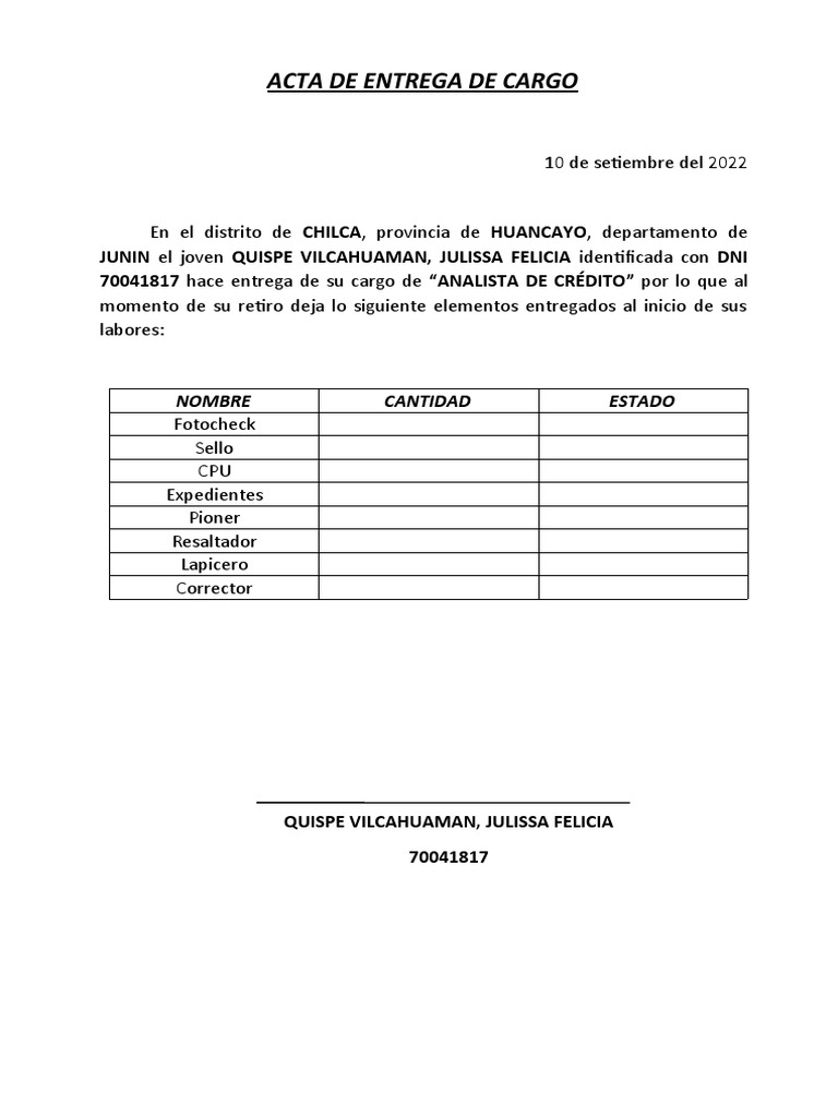 Acta de Entrega de Cargo | PDF