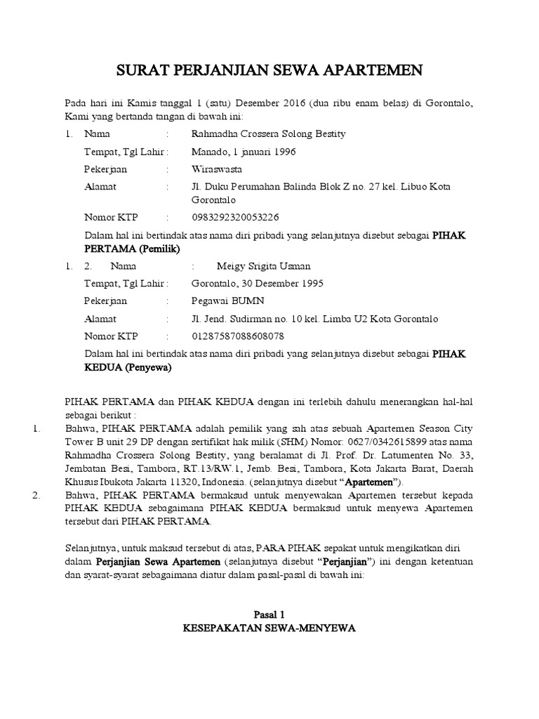 Surat Perjanjian Sewa Apartemen Pdf
