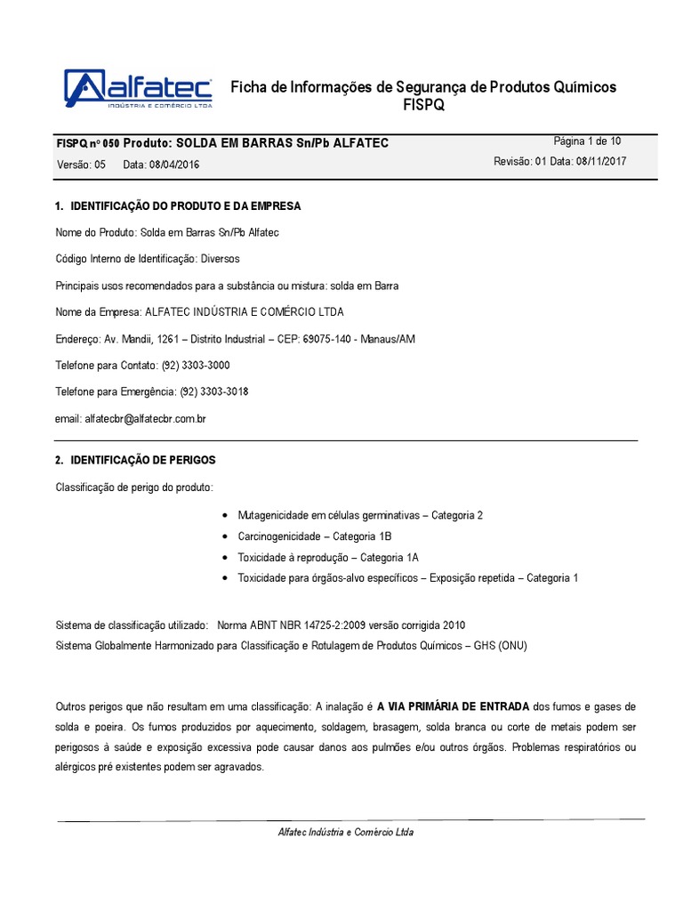 Solda em Barras SNPB Alfatec Fispq | PDF | Chumbo | Química