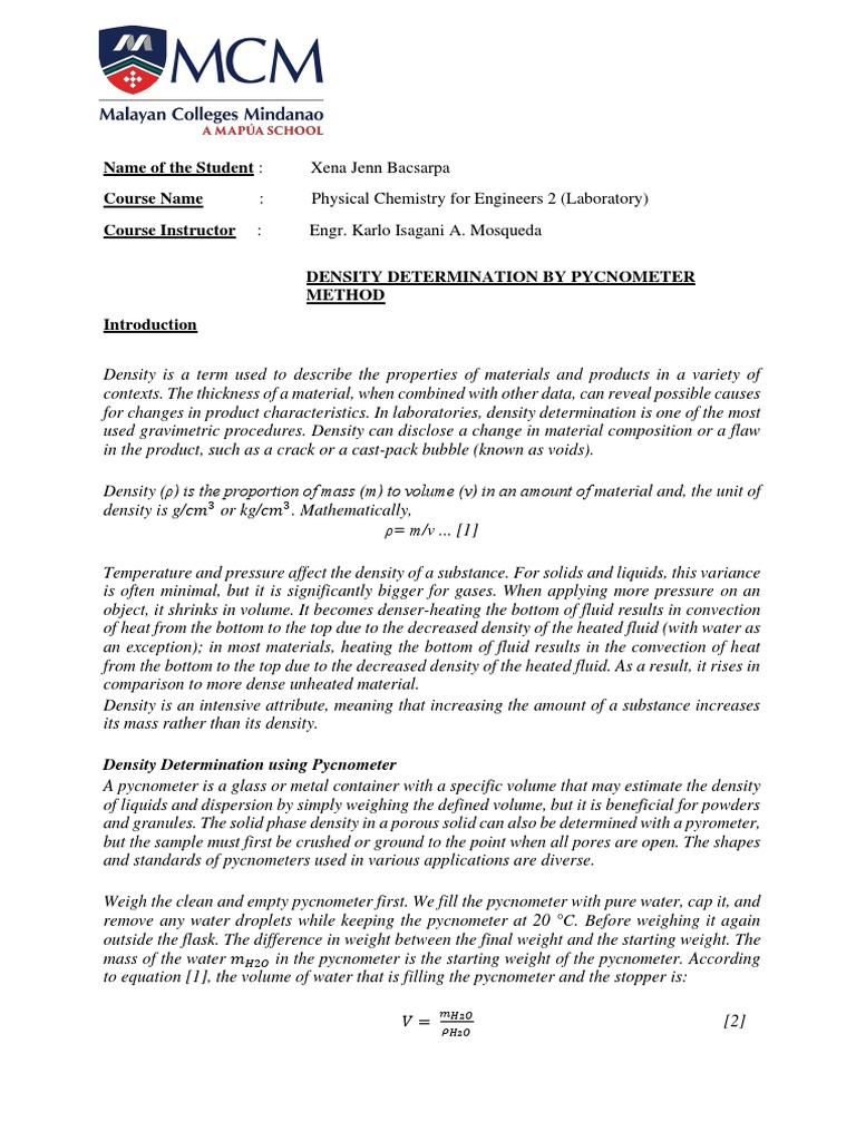 Density Determination by Pycnometer Method Lab Report (Bacsarpa, XJ ...