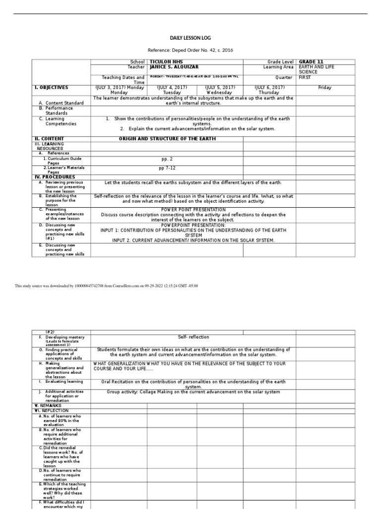 Week 6 DAILY LESSON LOG IN EARTH AND LIFE SCIENCE | PDF | Learning ...